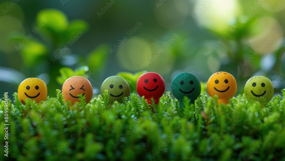 Zoom in on a cluster of miniature funny icons representing customer ...