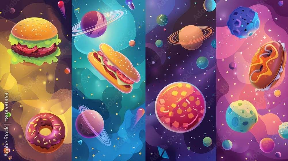 Food planets in outer space bookmarks. Modern banners illustrated as ...