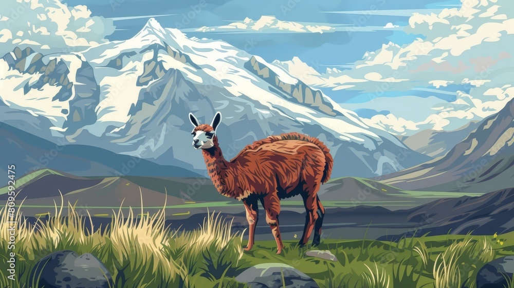 An alpaca grazes on a meadow in the Peruvian mountains. A cartoon ...