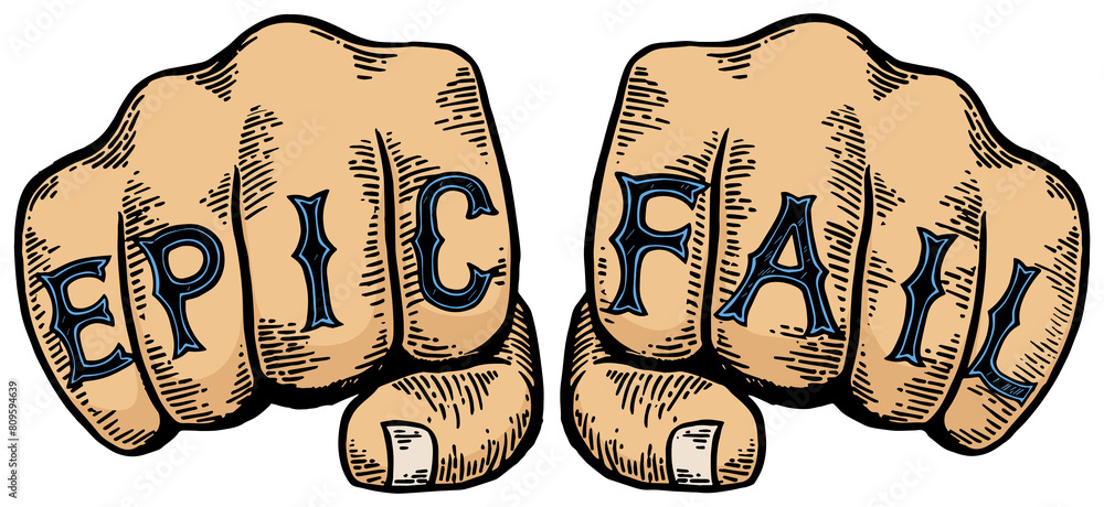 Epic fail words tattoo on fists font sketch engraving PNG illustration ...