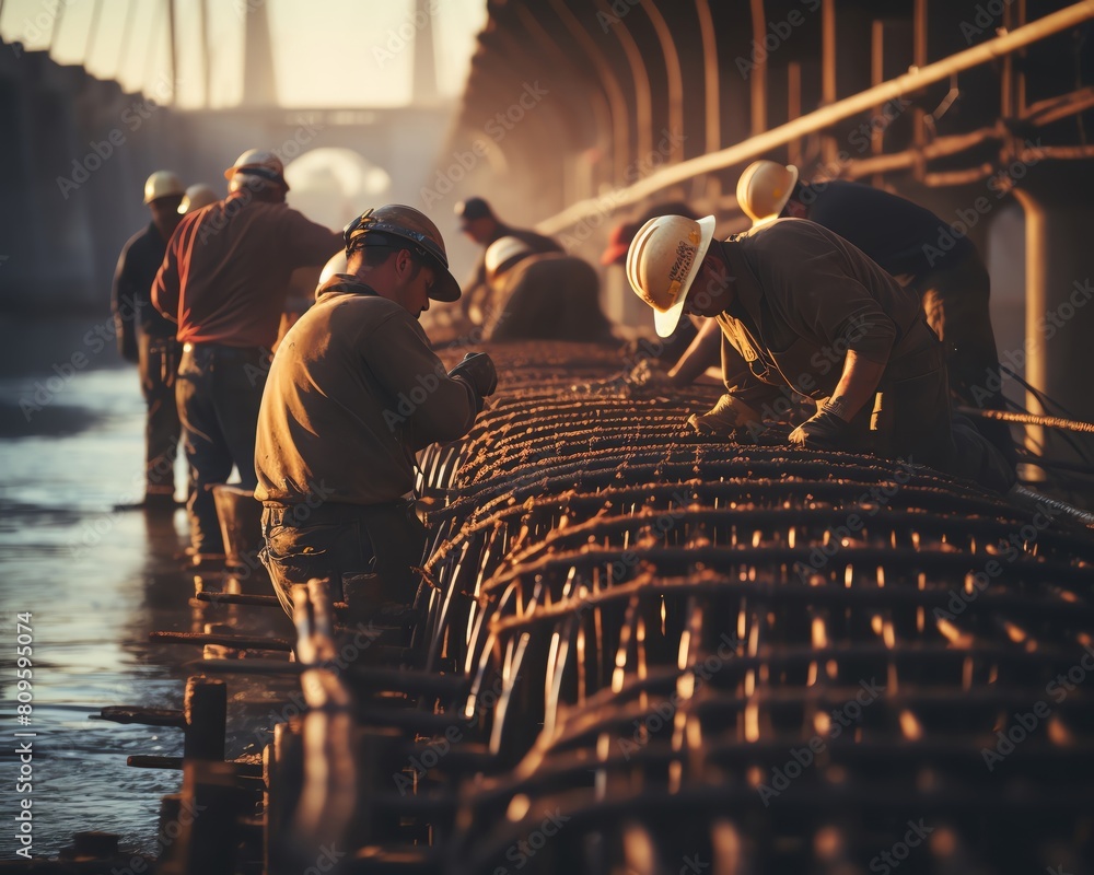 Construction workers assembling rebar at the foundation of a bridge ...
