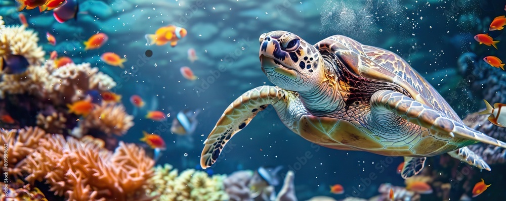 Happy cute sea turtle swimming freely in the blue ocean. Scuba diving ...