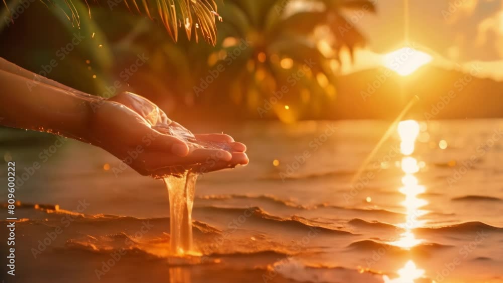 Water splash in hand background palm trees and sunset. Young woman ...