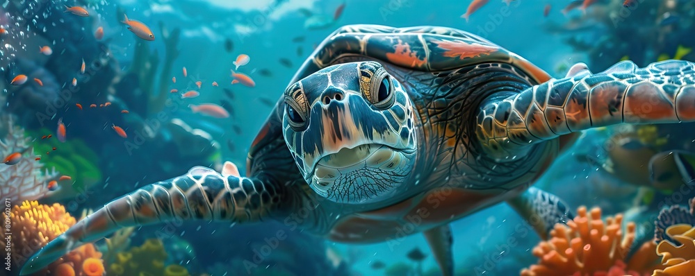 Happy cute sea turtle swimming freely in the blue ocean. Scuba diving ...