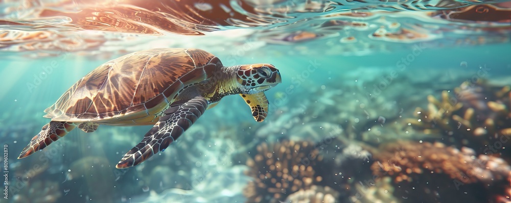 Happy cute sea turtle swimming freely in the blue ocean. Scuba diving ...