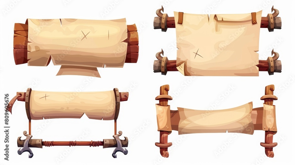 Isolated medieval letter, game asset, vintage roll with wooden handles ...
