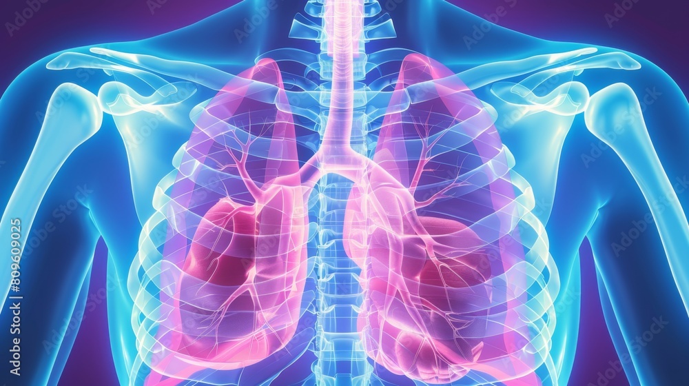 Medical X-ray image of a human chest, clear view of ribs and heart ...