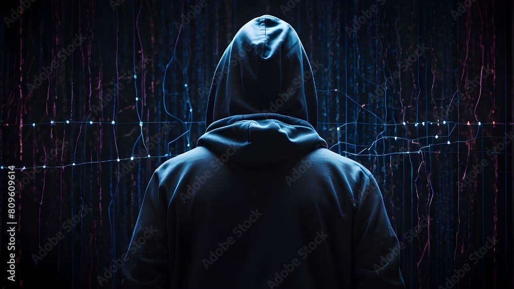 Back view of a hacker wearing a hoodie in dim lighting. A brilliant ...