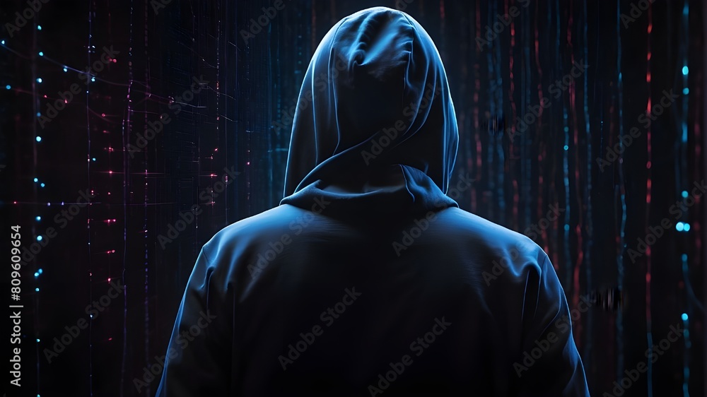 Back view of a hacker wearing a hoodie in dim lighting. A brilliant ...