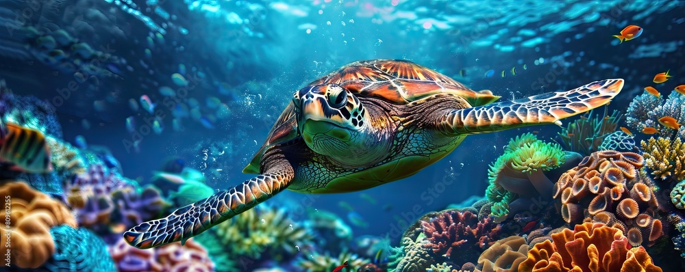 Happy cute sea turtle swimming freely in the blue ocean. Scuba diving ...