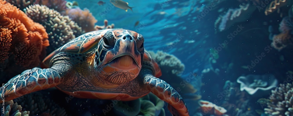 Happy cute sea turtle swimming freely in the blue ocean. Scuba diving ...