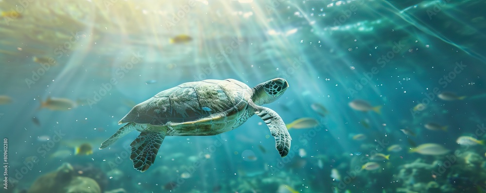 Happy cute sea turtle swimming freely in the blue ocean. Scuba diving ...