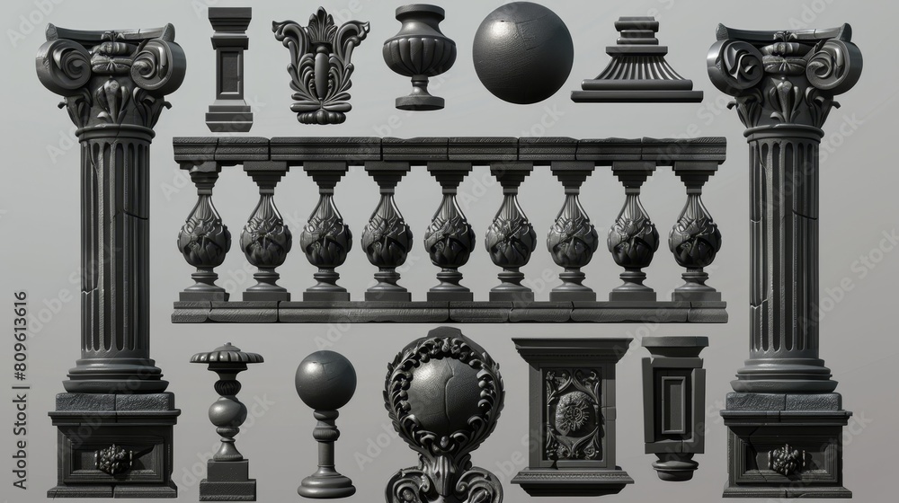 Three-dimensional illustration of realistic black stone balustrade ...