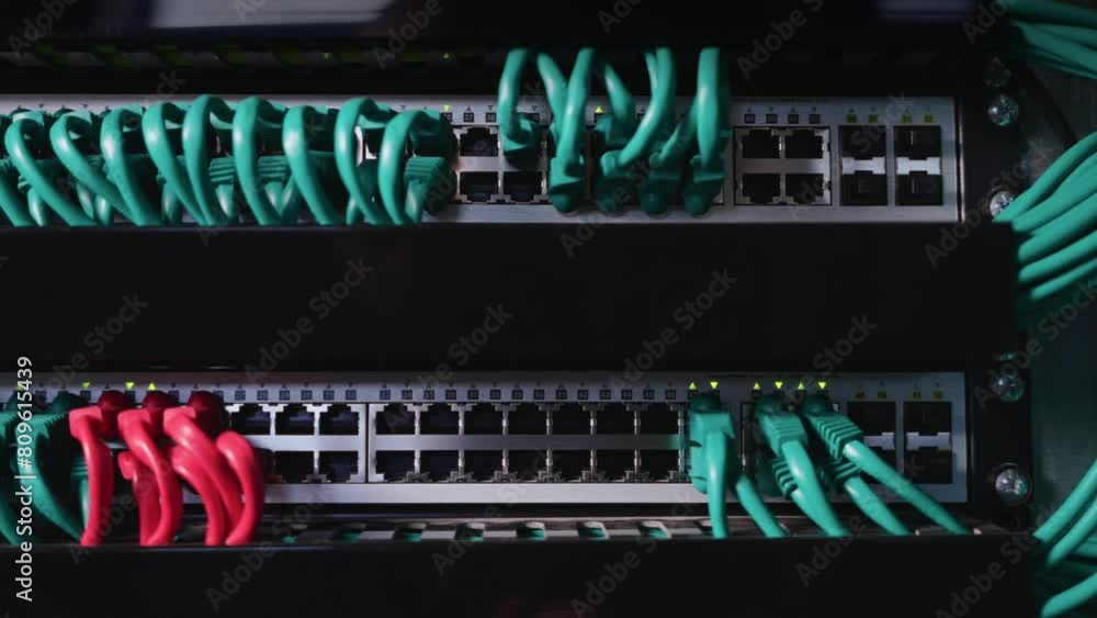 Neat and tidy patched network cables, RJ45, connected to the switches ...