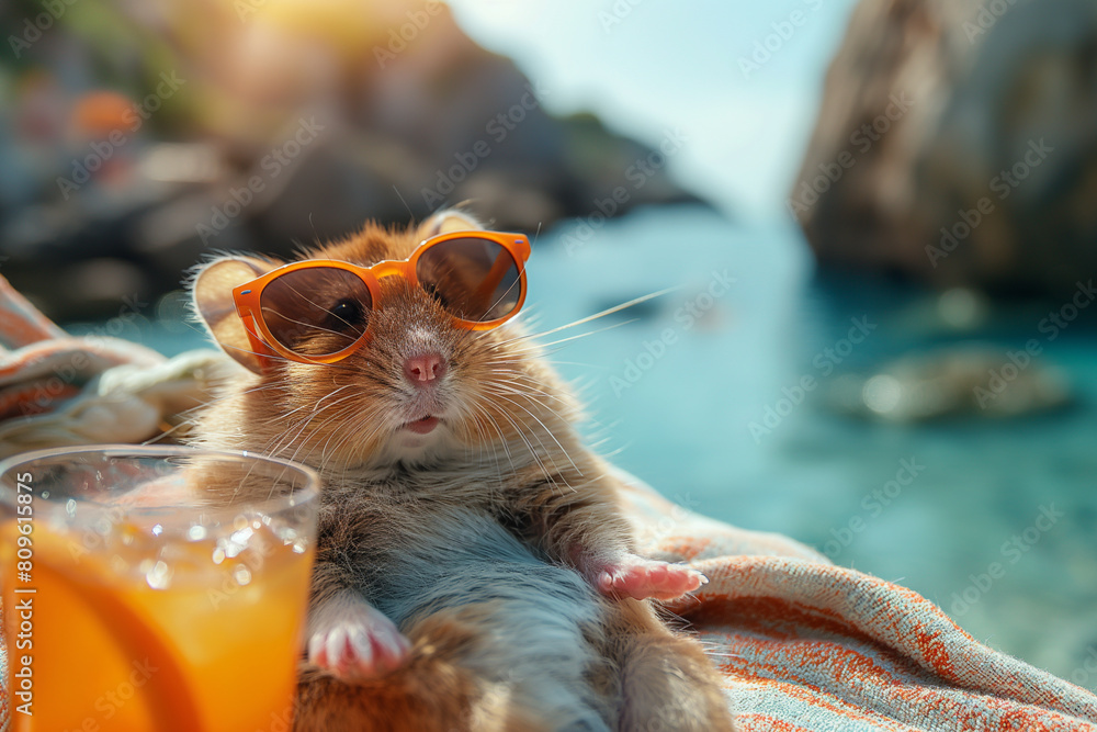 Poster Hamster relax on beach, summer, created with Generative AI ...