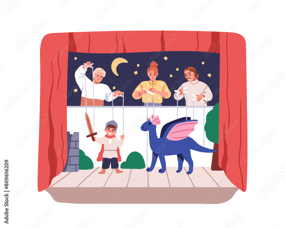 Puppet show on theater stage. Marionette theatre performance, puppetry ...