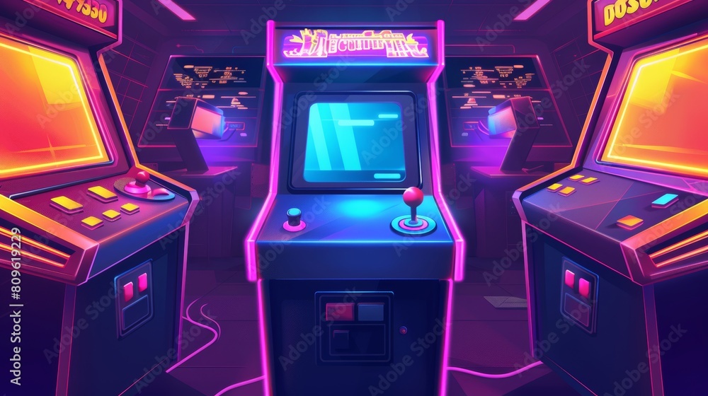 Video game machine with neon lights, glowing screen, joystick ...