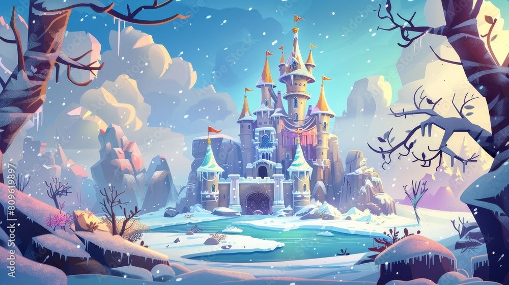 This modern cartoon illustration shows a frozen palace with towers, ice ...