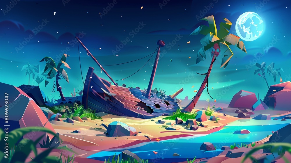 Cartoon illustration of a sunken ship on a tropical island at night ...