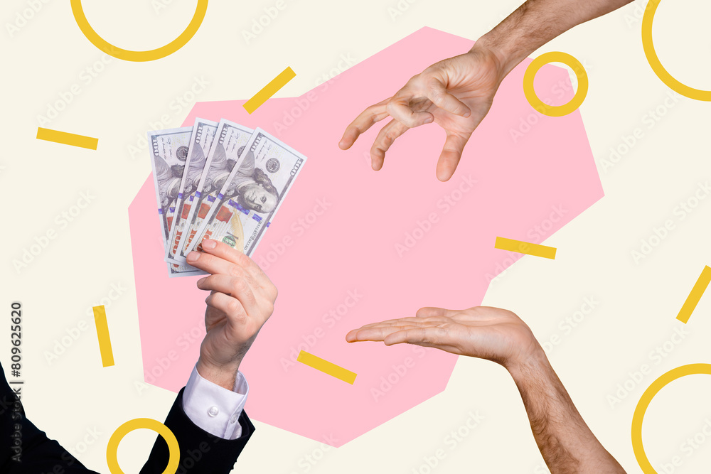 Composite photo collage of hand hold money dollars charity help poor ...