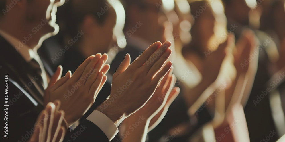 A group of people dressed in formal attire clapping at an event with ...