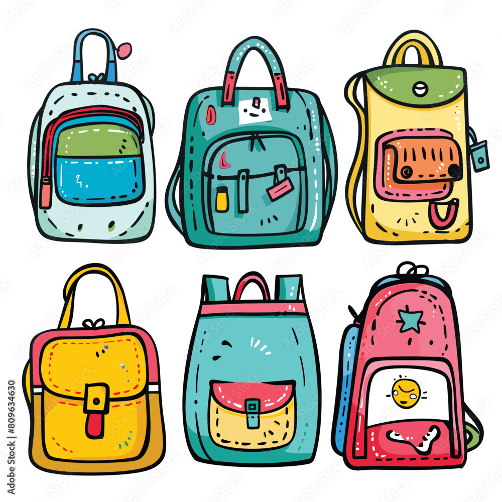 Six colorful doodle style backpacks featuring cute designs, pockets ...