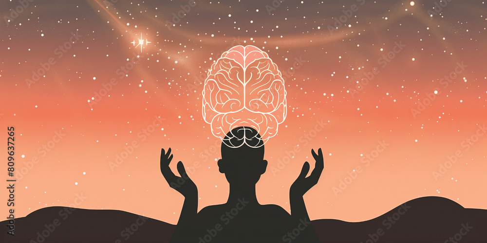 Silhouette with illuminated brain under a starry sky. Enlightenment ...