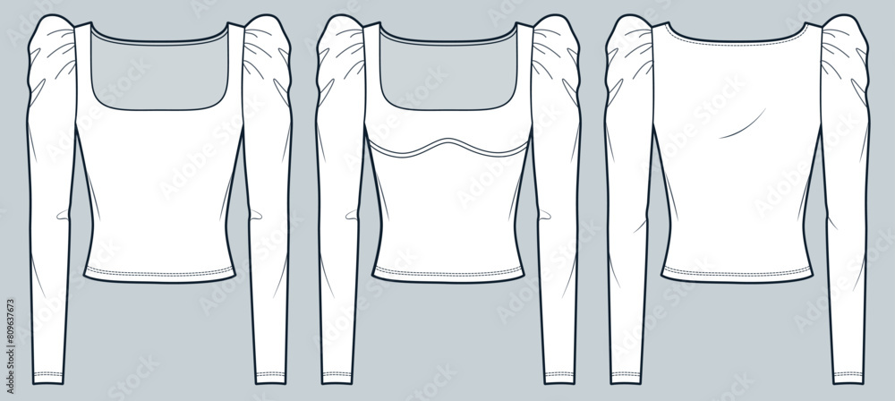 Square Neck Top technical fashion illustration. Long Sleeve T-Shirt ...