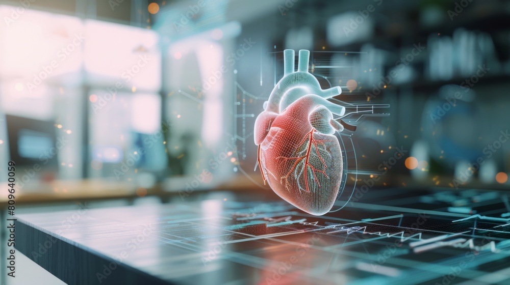 holographic 3D heart model displayed in a modern laboratory setting ...