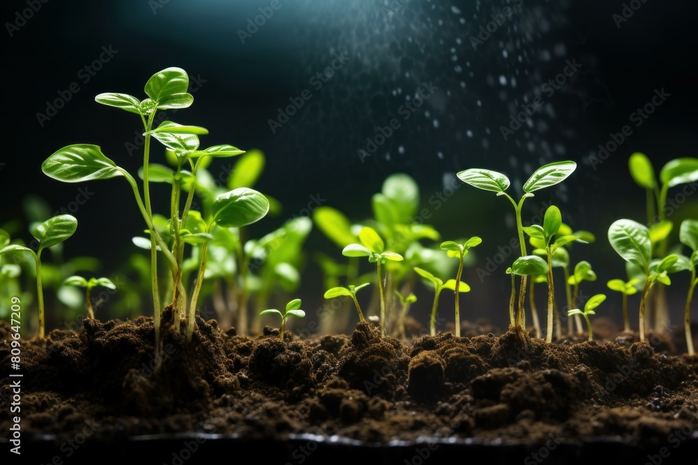 Young plants growing from soil as they are gently watered, depicting ...