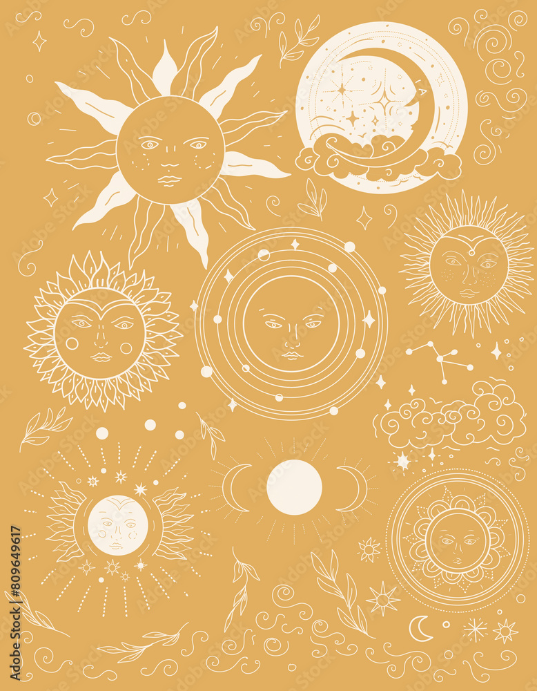 Sun graphics symbols astrology tarot cute cartoon coloring tattoo set ...