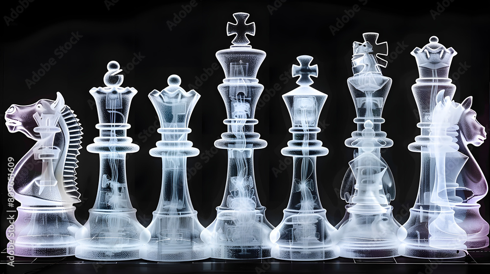 X-ray scan of a chess set, displaying the pieces and their internal ...