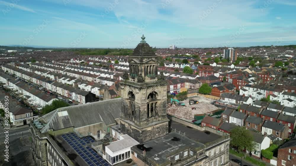 Wallasey Town Hall iconic landmark - aerial drone anti-clockwise rotate ...
