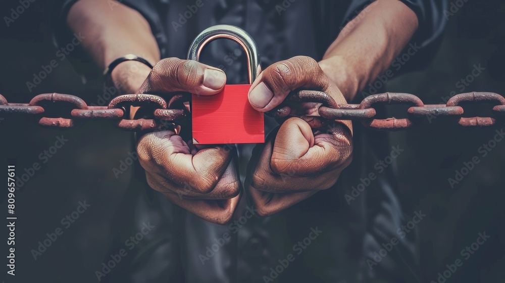Chained human hands are chained together with a red padlock ...
