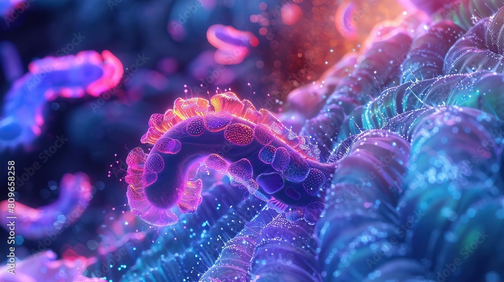 A futuristic depiction of intestinal cells in neon colors, inspired by ...