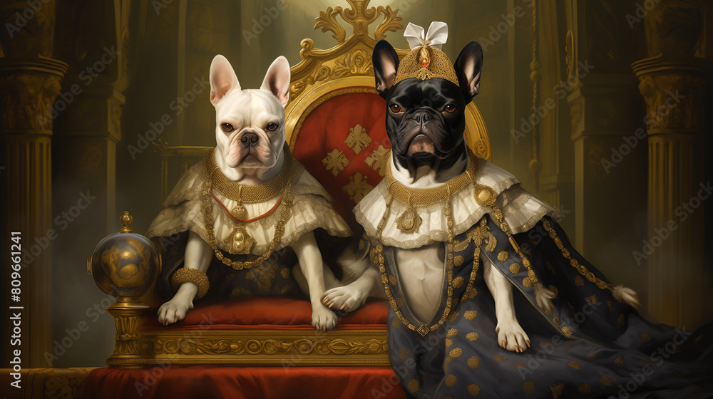 Fanciful animal portrait, Bulldog, Dog, Renaissance, Couple, Feline ...