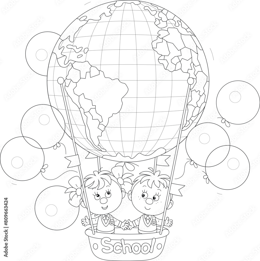 Funny little schoolboy and schoolgirl flying with a school air balloon ...