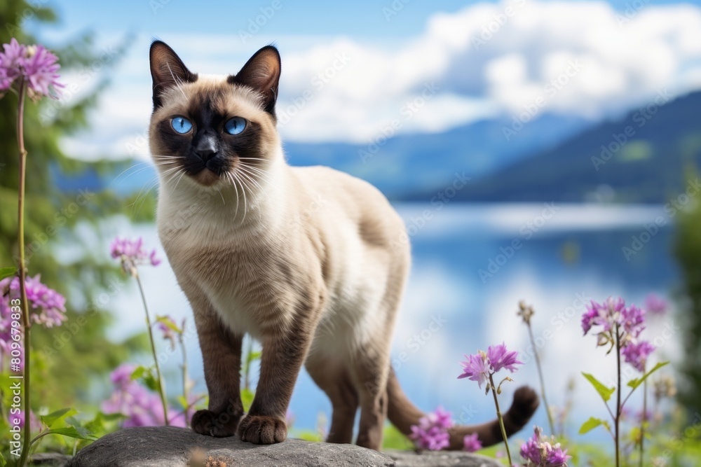 Full-length portrait photography of a smiling siamese cat back-arching ...