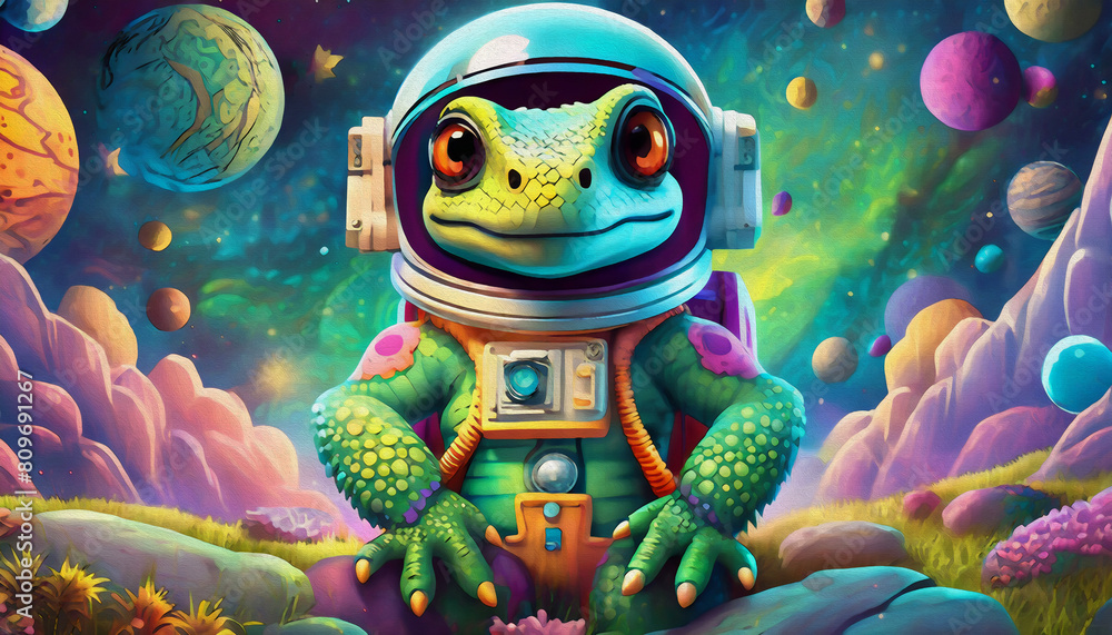 oil painting style Cartoon character lizard Cosmonaut in space suit in ...