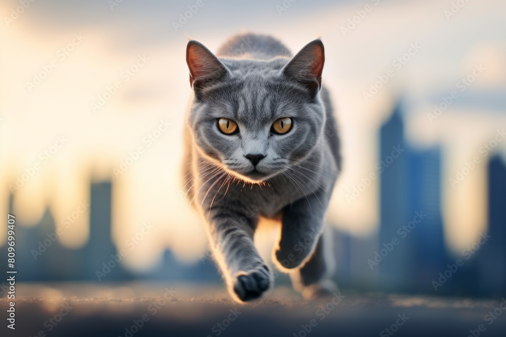 Environmental portrait photography of a cute russian blue cat sprinting ...
