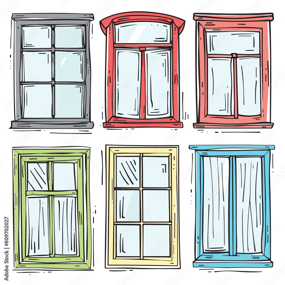 Handdrawn colorful windows set, various shapes styles, architectural ...