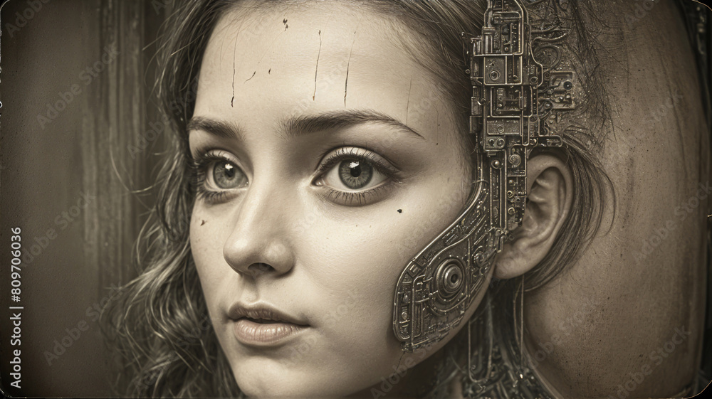 Head of a female android as a symbol of artificial intelligence. Cyborg ...