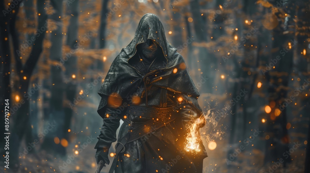 Editorial photography of a warlock character in a dramatic, dark forest ...