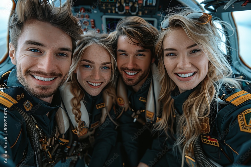 Joyful group of flight crew in uniform taking a selfie in the cockpit ...