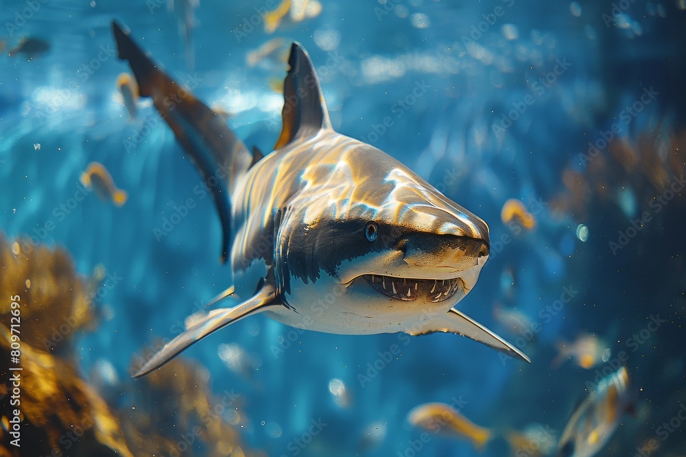 A realistic capture of a menacing great white shark swimming in the ...