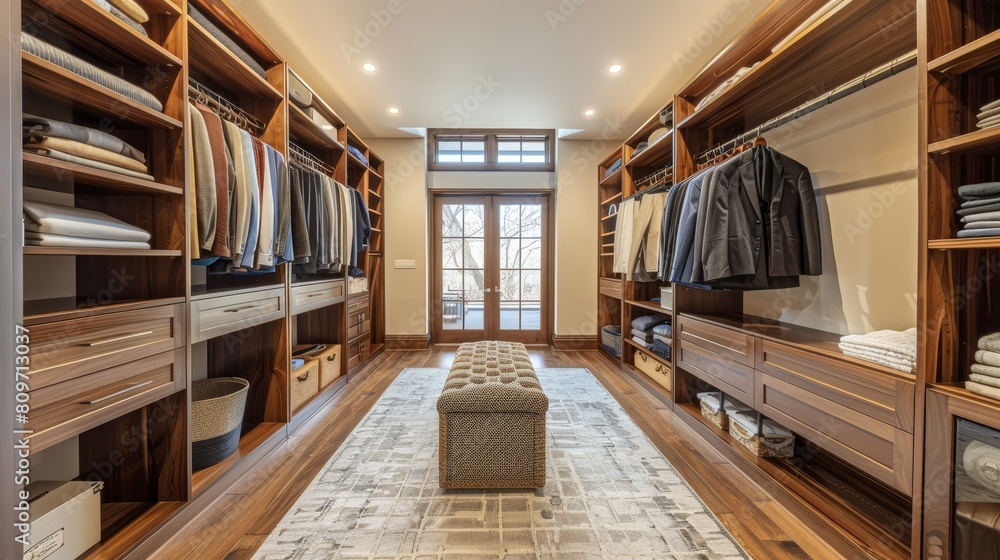 Expansive walk-in closet with walnut wood finishes and gentle beige ...