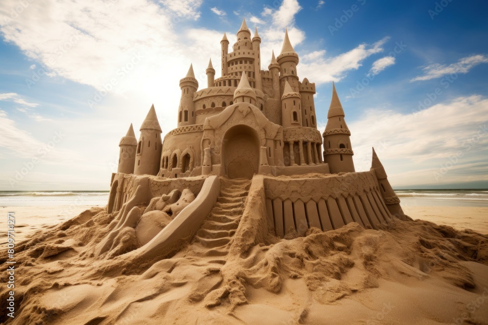 Intricate sandcastle with towers and stairs on a beach, under a ...