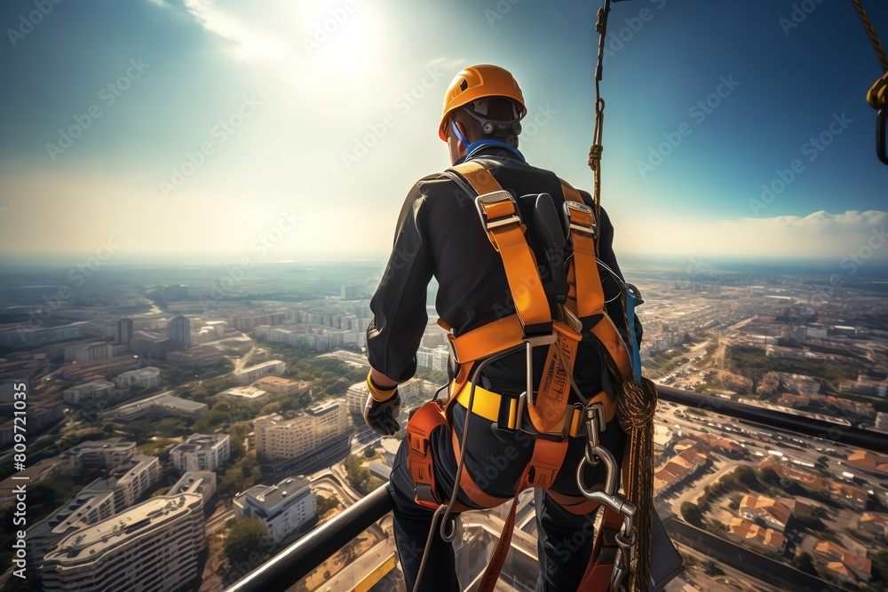 The construction worker is wearing a safety harness to prevent him from ...