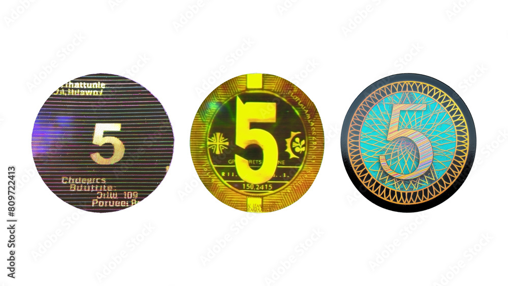Holographic sticker set with number “5”, isolated retro style colorful ...