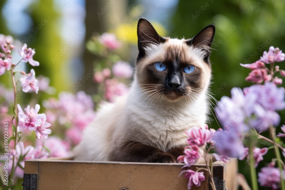 Medium shot portrait photography of a funny siamese cat box sitting ...